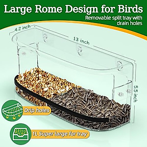 Ermete Window Bird Feeder With Strong Suction Cups, Large View Clear Feeder, Seed Tray, 13in x 5.5in x 4.2in for Outside