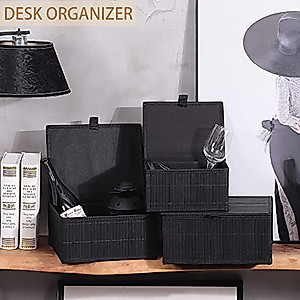Honygebia Bamboo Decorative Storage Boxes - Set of 3 Woven Lined Storage Basket with Lids, Black Wicker Lidded Baskets for Home Kitchen Shelf Organizer Decor