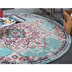 Unique Loom Medici Collection Floral Medallion Traditional Vintage Light Blue Round Rug (8' 0 x 8' 0)