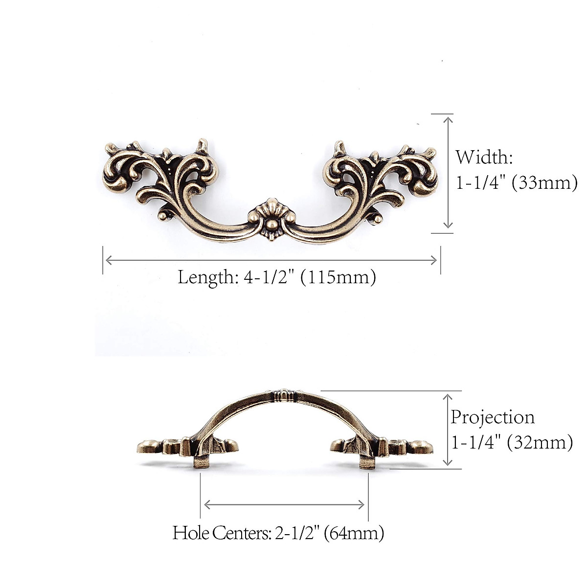 Jetland French Provincial Drawer Pulls - 6-Pack, Antique Brass, 2-1/2" Hole Centers, Vintage Shabby Chic Pulls for Dresser Nightstand Cabinet, PW1619ABR64