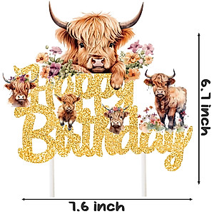 Highland Cow Birthday Cake Topper Gold Glitter Highland Cow Birthday Party Decorations Brown Cow Cake Topper Highland Cow Birthday Cake Decorations for Western Highland Cow Baby Shower Supplies