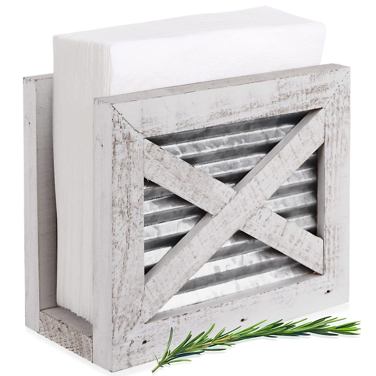 Autumn Alley Farmhouse Napkin Holder - Wooden Napkin Holder - Classic Barn Door Motif with Galvanized Metal - Rustic Napkin Holder for Farmhouse Décor - Shabby White Country Napkin Holder