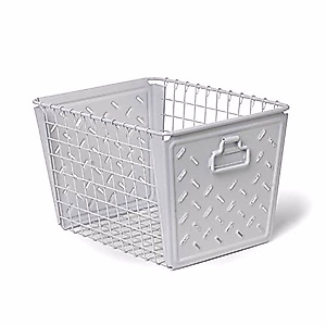 Spectrum Diversified Macklin, Stamped Steel & Wire Basket for Closet & Cubby Storage Vintage-Inspired Design with Customizable Label Plate, Medium, White