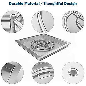 Uniflasy 18 Inch Square Drop-in Fire Pit Pan with 12" Round Burner Ring, 165k BTU Stainless Steel Fire Pit Pan with Spark Ignition and Propane Hose Kit for Indoor or Outdoor Fire Table/Fire Pit