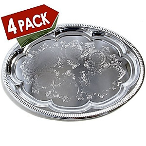 Maro Megastore (Pack of 4) 15.7 inch x 11.4 inch traditional oval flower pattern carving dining chrome plated dinner plate mirror plate plate plate metal tableware party Medium T225M-4PK