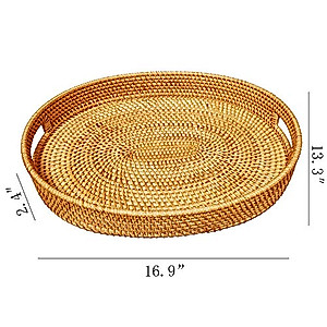 Oval Rattan X-Large Severing Tray for Fruit,Breakfast, Drinks,Food Storage Platters Plate Snack for Coffee Table, 17” Wicker Woven Serving Basket Ottoman Tray with Handles and 2.5”High Wall（XXL-43cm）