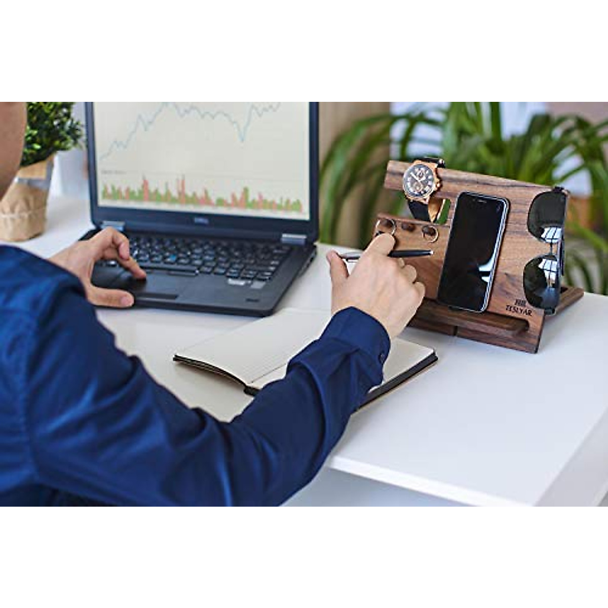 TESLYAR Natural Walnut Wood Phone Docking Station Hooks Key Holder Wallet Stand Watch Organizer Men Husband Anniversary Birthday Nightstand Purse Father Graduation Male Idea Gadgets Solid