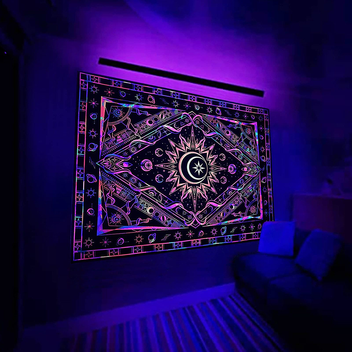 AEFPOYMXU Burning Sun Moon Tapestry Aesthetic Tapestry for Bedroom Black Light Wall Tapestry Boho UV Reactive Posters Wall Hanging Bedroom Living Room Hippie Tapestry(59 × 51 inch)