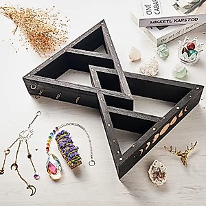 Sysnocon Triangle Crystal Shelf Display with Hooks, Moon Shelf for Witchy Room Decor Triangle Shelf for Crystal Stones Display, Crystal Holder Crystal Organizer Shelf for Living Room, Bed Room