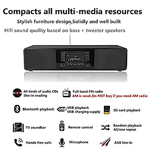 KEiiD CD Player with Speakers Bluetooth for Home Stereo System Boombox | FM Radio USB SD AUX Remote Control | 28 Inch Long with Bluetooth Receiver (Black Finish)
