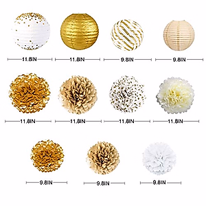 White and Gold Party Decoration Kit Lanterns Flowers Pom Pom with Gold 3D Butterfly Stickers and Leaf Garland Streamers for Birthday Engagement Wedding Bridal Shower Bachelorette Party Decor Supplies