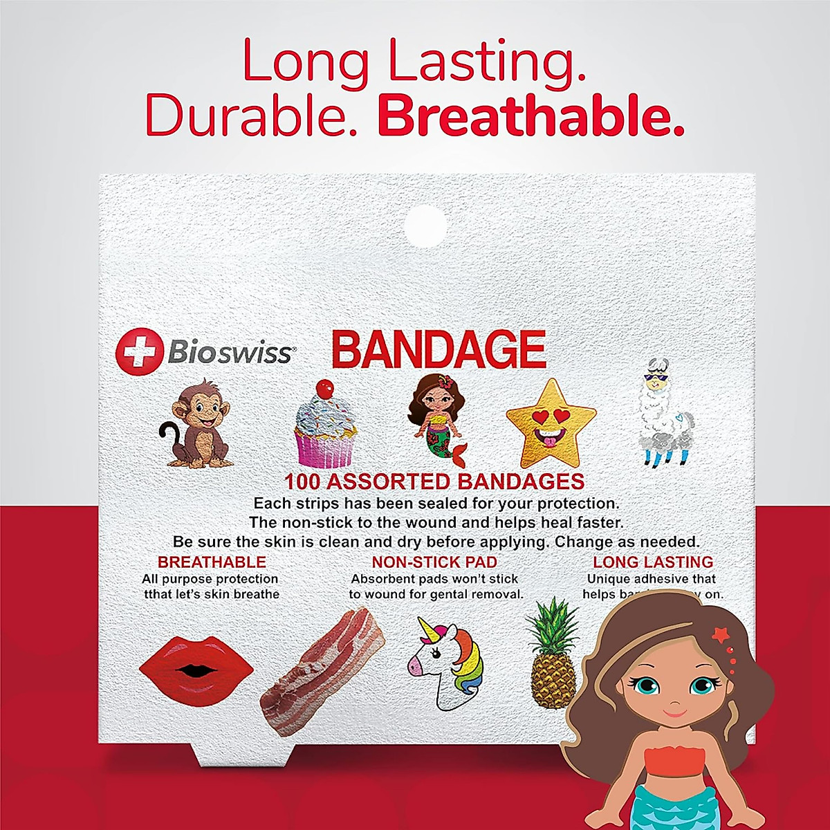 BioSwiss Bandages, Assorted Animal, Fun, and Food Shaped Self Adhesive Bandage, Latex Free Sterile Wound Care, 100 Count