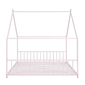 HANLIVES Full House Bed for Kids, Metal Floor Bed Frame Full with Headboard and Footboard, Full Kids Bed Floor Bed for Toddlers, Girls, Boys(Pink)