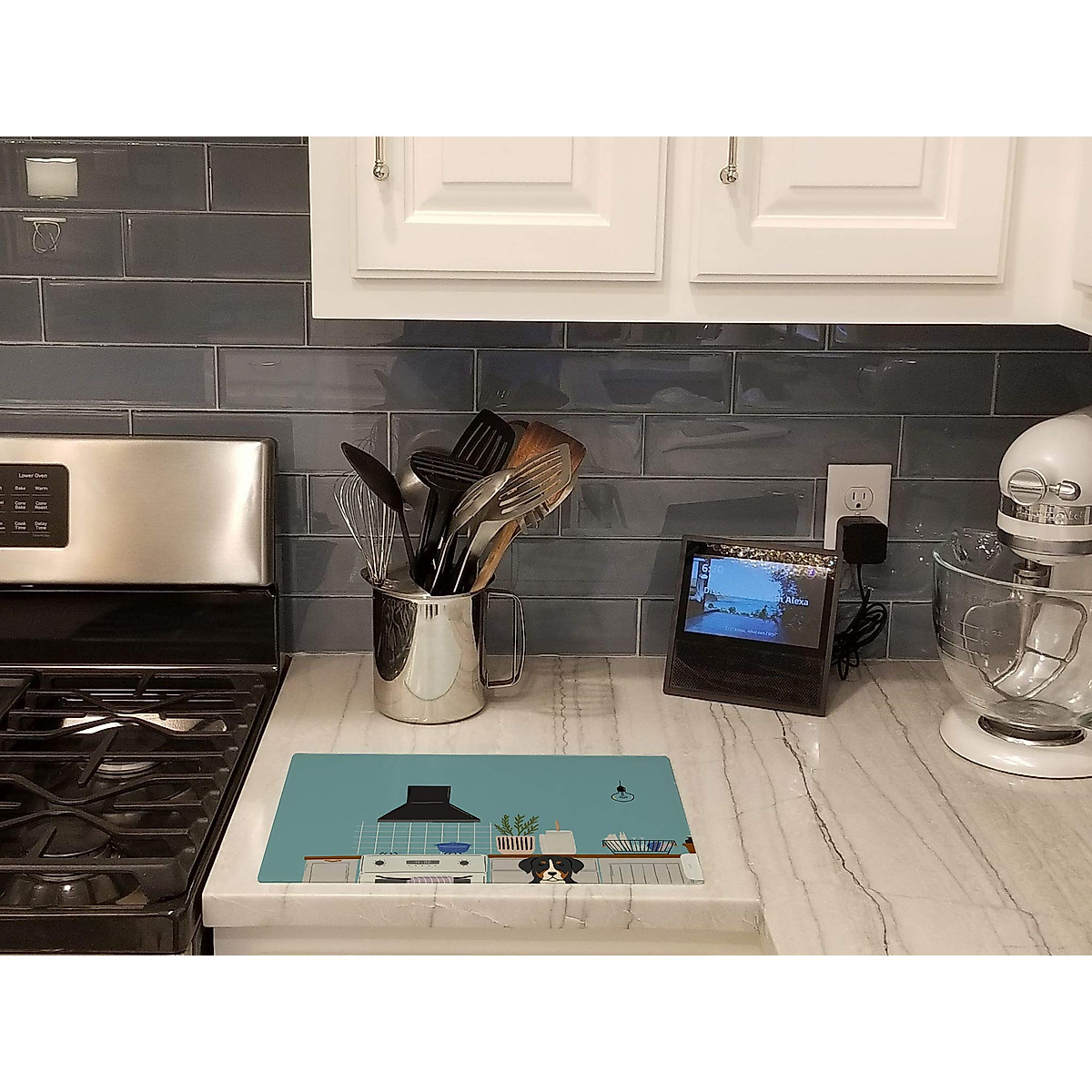 Caroline's Treasures CK7741LCB Greater Swiss Mountain Dog Kitchen Scene Glass Cutting Board Large Decorative Tempered Glass Kitchen Cutting and Serving Board Large Size Chopping Board