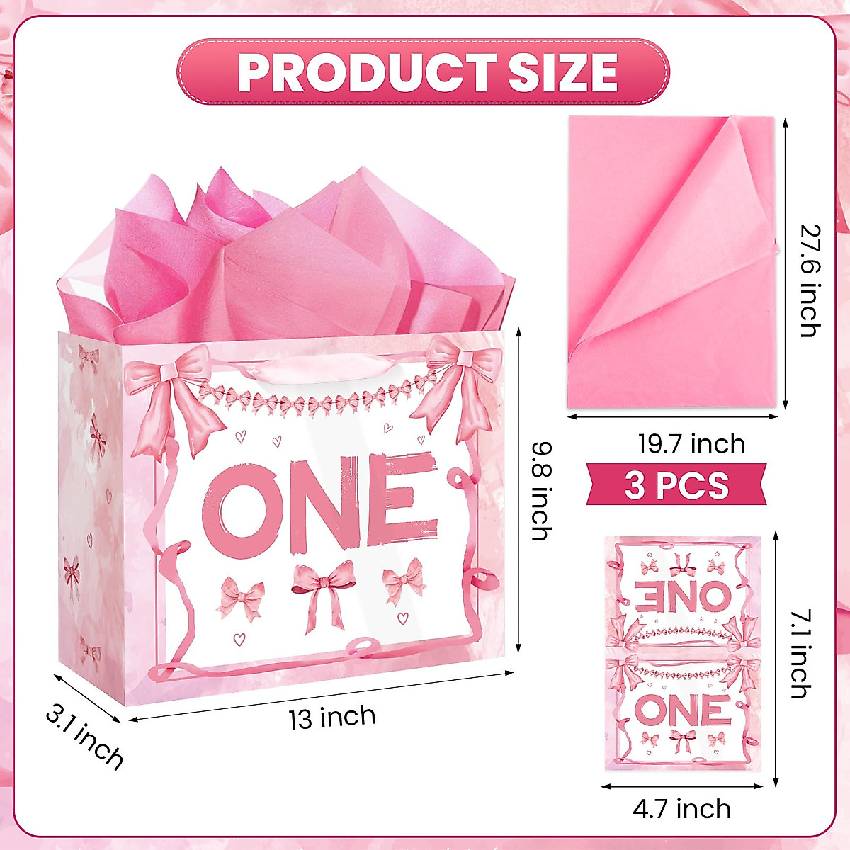 Pink Bow One Birthday Decoration for Girls Large Bow Pink One Baby Shower Bag Hot Pink Bow 1st Birthday Gift Bags with Wrapping Paper Card for Kids Gender Reveal Christmas Birthday Party Supplies