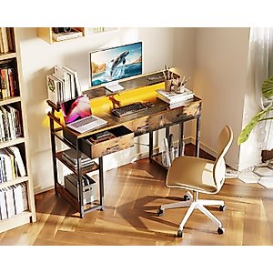 AODK 48 inch Computer Desk with 3 Drawers, Gaming Desk with LED Lights & Power Outlets, Home Office Desk with Storage Shelves & Monitor Stand, Modern Work Study Writing Table for Small Spaces, Vintage