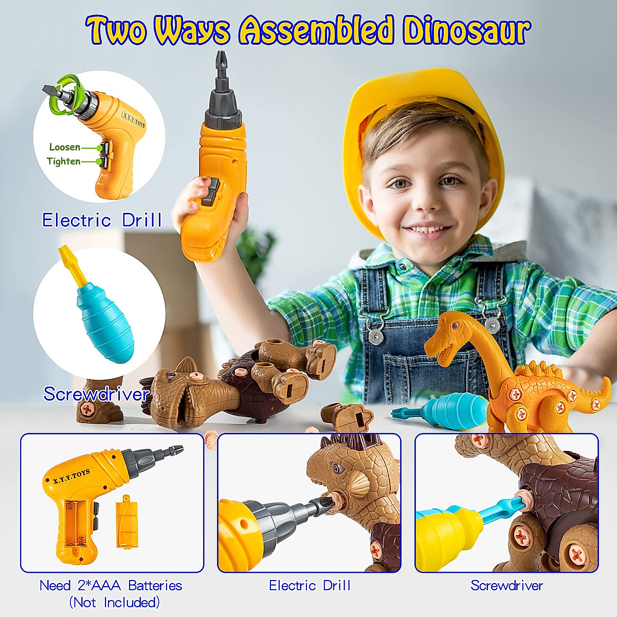 Funsland Take Apart Dinosaur Toys for Kids 3-5 Stem Dinosaur Toys with Electric & Hand Drills Dino Building Toy Set 4 Pack