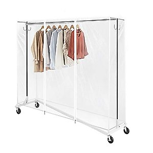GREENSTELL Clothes Rack with Cover & Tube Bracket, Industrial Pipe Z Base Clothing Garment Rack on Wheels with Brakes, Heavy Duty Sturdy Square Tube Garment Rack White (59x24x68 inch)