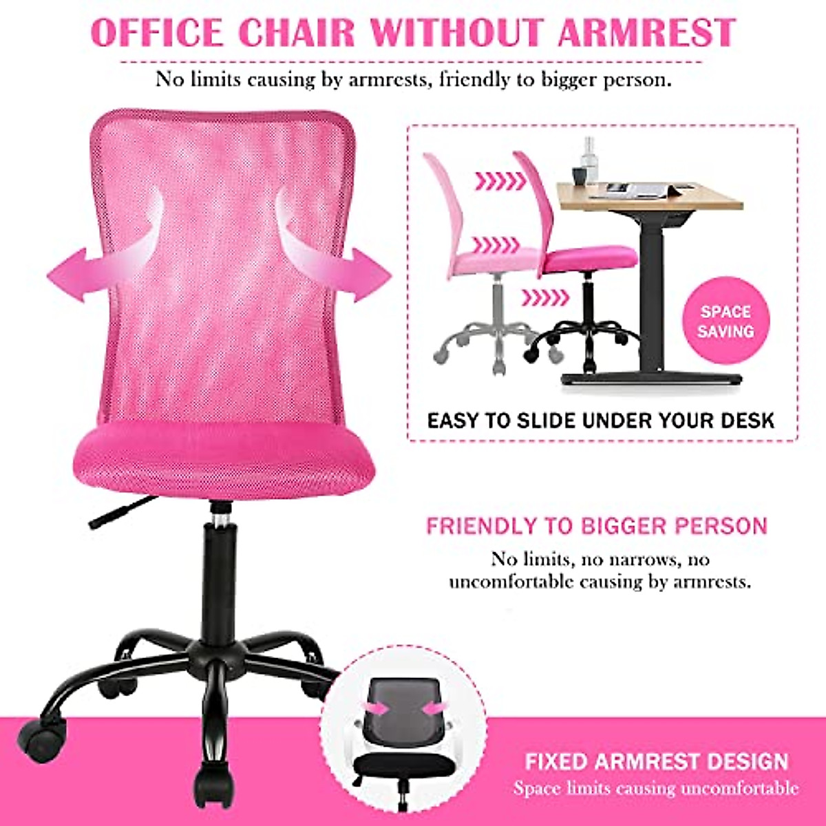 FLL Armless Task Office Chair Ergonomic Computer Desk No Arms Swivel Rolling Chair,Mid Back Executive with Lumbar Support Height Adjustable for Adults(Pink), 20.2 x 16.5 x 40.1 inches