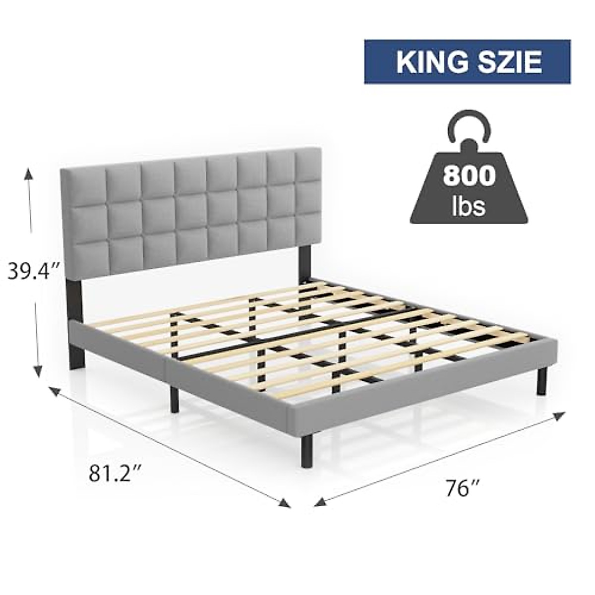 Molblly King Bed Frame Upholstered Platform with Headboard and Strong Wooden Slats,Non-Slip and Noiseless,No Box Spring Needed, Easy Assembly,Light Gray