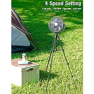 Koonie Standing Fan, 10000mAh Portable Rechargeable 8'' Battery Powered Pedestal Fan with Tent Hook 37Hours Working Time Adjustable Tripod 4 Speeds Fan for Bedroom Travel Fishing Beach Camping