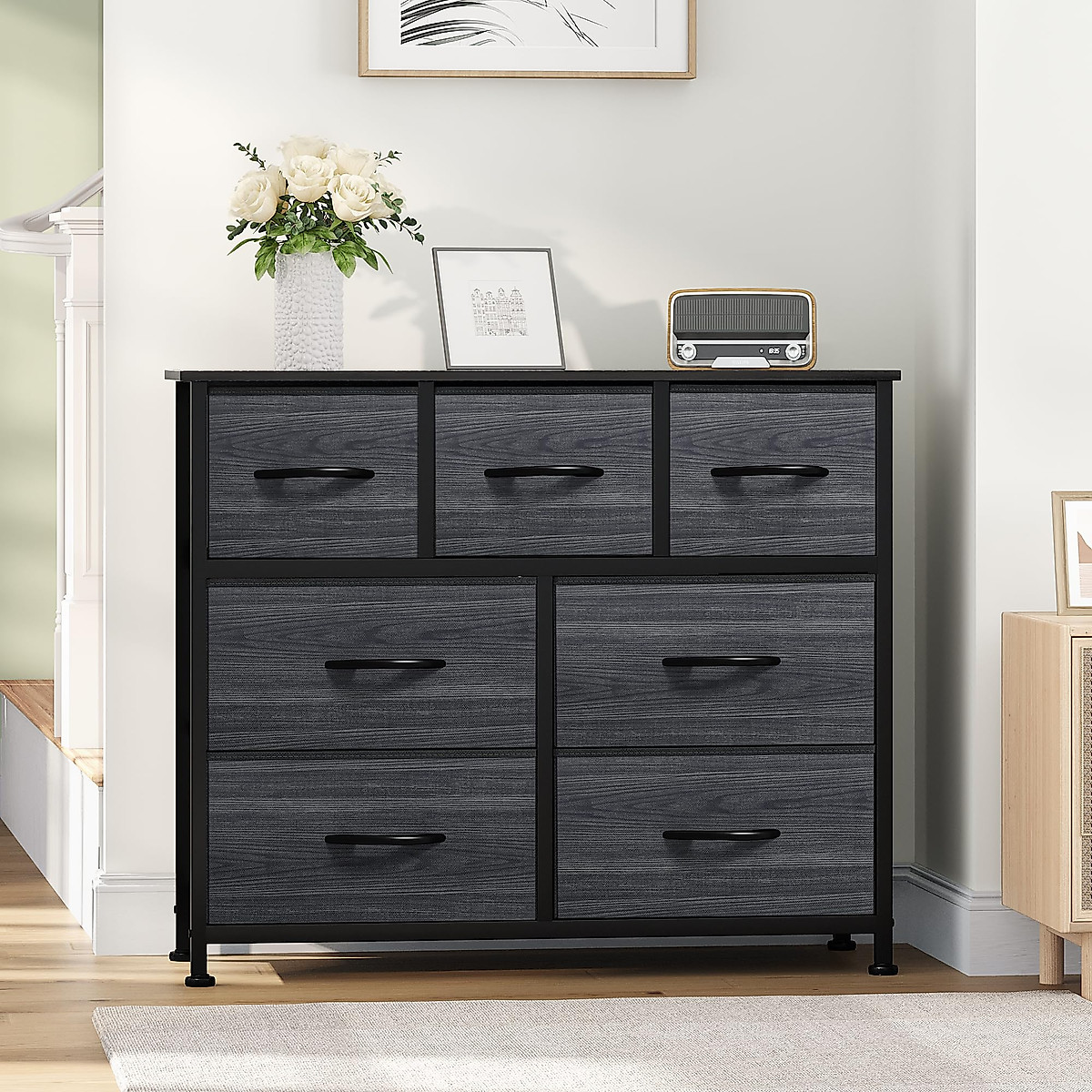 YITAHOME Dresser TV Stand, Dresser for Bedroom, Fabric Dresser with 7 Drawers, Furniture Storage Tower Cabinet for Bedroom, Living Room, Hallway, Closet, Black Wood Grain