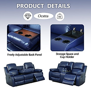 Ocstta Manual Leather Recliner Sofa Set for Living Room Furniture Set,Leather Recliner Couch Set for Home/Office,Leather Couch Set for 3-Pieces(Sofa+Loveseat+Chair) Blue