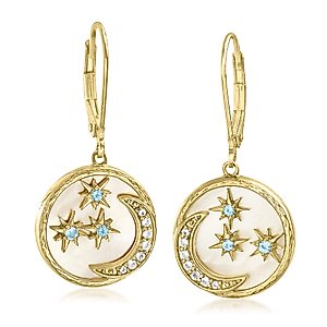 Ross-Simons Mother-Of-Pearl and .20 ct. t.w. White and Swiss Blue Topaz Moon and Stars Drop Earrings in 18kt Gold Over Sterling