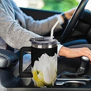 YTLKGFP 40 Oz Large Capacity Car Cup Different Flowers Tumbler with Handle (Black) Straw Lid Insulated Stainless Steel Water Bottle Travel Mug Leak-proof Car Cup Keeps Cold Or Hot