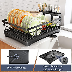 Dish Drying Rack - Stainless Steel Dish Rack for Kitchen Counter, Large-Capacity Dish Drainer with Cutlery Holder, Kitchen Organizer for Dishes, Spoons and Forks, Black
