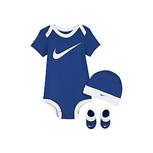 Nike Baby Boys Bodysuit, Hat and Booties 3 Piece Set (Blue Gaze(LN0072-U89)/White, 0-6 Months)