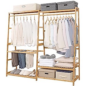 Homde Bamboo Clothes Rack Heavy Duty Garment Racks for Hanging Clothes, Max Load 440lbs, Freestanding Clothing Rack Closet with 6 Shelves, 67" H*61" W*15.74" D