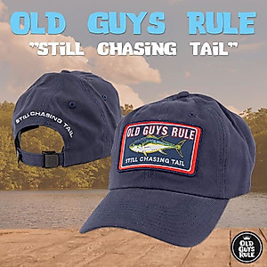 OLD GUYS RULE Men's Baseball Cap, Still Chasing Tail - Gift for Dad, Grandpa, Husband, Father's Day, Birthday, Holiday - Funny Novelty Hat for Fishermen, Outdoorsmen, Fishing Season, Summer (Navy)