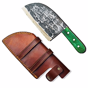 Hand-Forged Sebian Chef Knife, Carbon Steel Cooking Gadgets, Butcher Knife with Leather Cover, Full Tang Dollar Wood Handle, Viking Meat Cleaver, Outdoor Cooking Knife