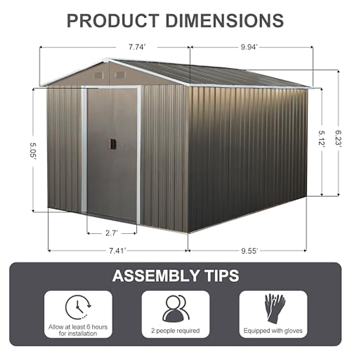 Okak Outdoor Storage Shed 8x10 FT Steel Utility Tool Storage Sheds House with Lockable Doors Waterproof Metal Garden Shed Outdoor Storage for Backyard Garden,Patio,Grey