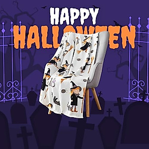 Halloween Throw Blanket: Cute Girl Witch with Faithful Cat Surrounded by Spiders and Bats Print on Fuzzy Soft Velvet Fleece Throw Blanket