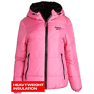Reebok Women's Winter Jacket - Reversible Quilted Puffer Coat with Sherpa Fleece Lining - Reversible Jacket for Women (S-XL), Size Medium, Laser PinkBlack