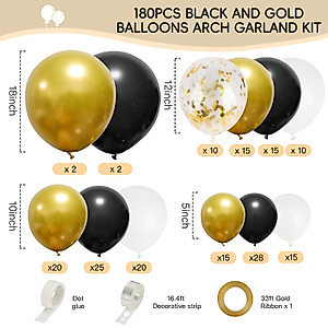 RUBFAC 180pcs Black and Gold Balloons, Balloons Garland Arch Kit 5 10 12 18 inch Black White Metallic Gold Confetti Latex Balloons for Graduation Birthday Baby Shower Wedding