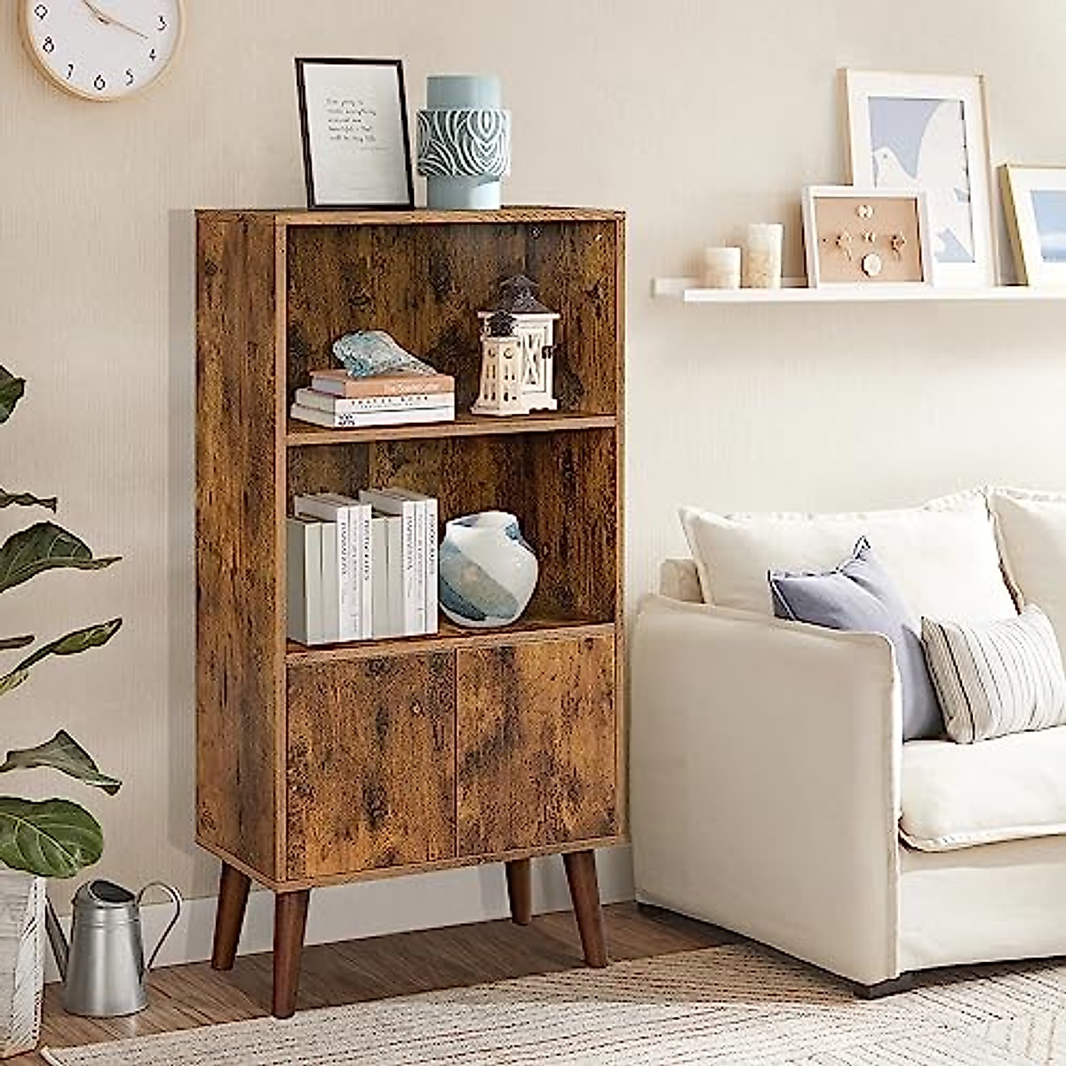Wonder Comfort Wood 3-Tier Bookshelf with 1 Door and 2 Open Shelves, Mid-Century Rustic Brown Bookcase for Books and Decorations in Living Room Office Bedroom,24 W x 12 D x 47 H Inch