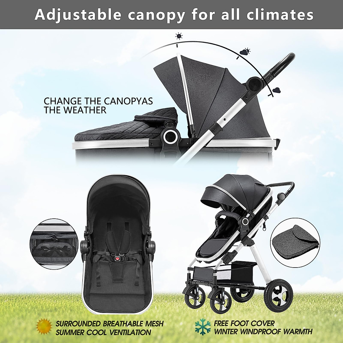 Blahoo Baby Stroller for Newborn, 2 in1 High Landscape Stroller, Foldable Aluminum Alloy Pushchair with Adjustable Backrest.Adjustable Awning, Variable Seat and Recliner(Black)