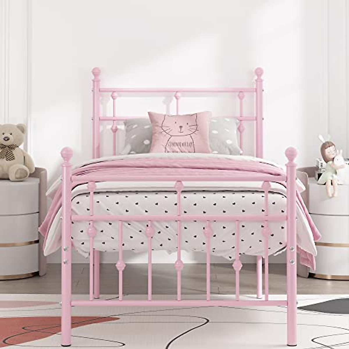 Weehom Pink Metal Bed Frame Twin Size with Headboard Mattress Foundation Support Heavy Duty Steel Slat No Box Spring Need for Girls