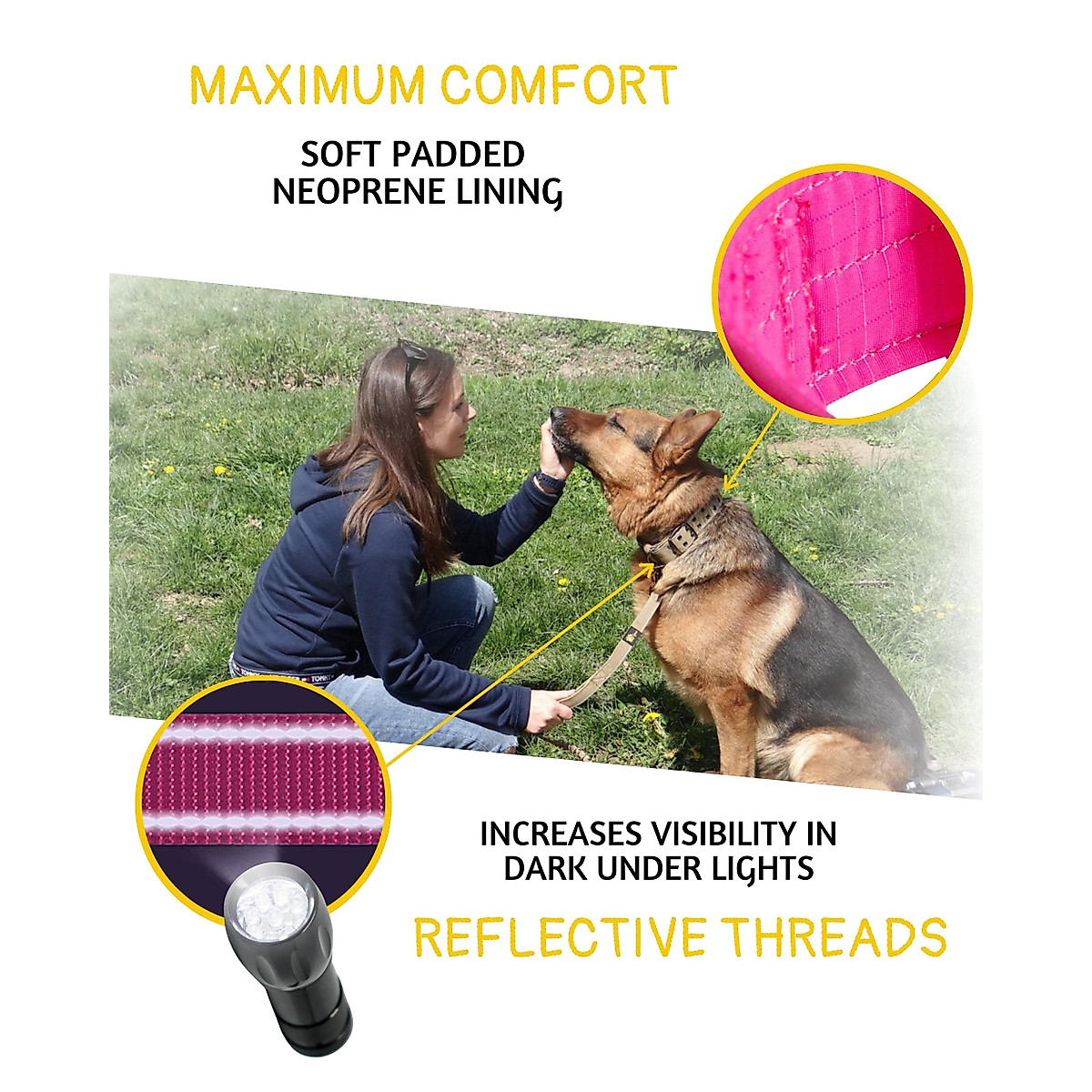 ADITYNA Heavy Duty Dog Collar with Handle - Reflective Pink Dog Collar for Large Girl Dogs - Wide, Thick, Tactical, Soft Padded - Perfect Dog Collar for Training, Walking, or Hunting