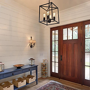 GZDEZCL 4-Light Black Farmhouse Chandelier Light Fixture Rustic Lantern Pendant Light Industrial Cage Hanging Lights for Kitchen Island Foyer Entryway Dining Room Hallway