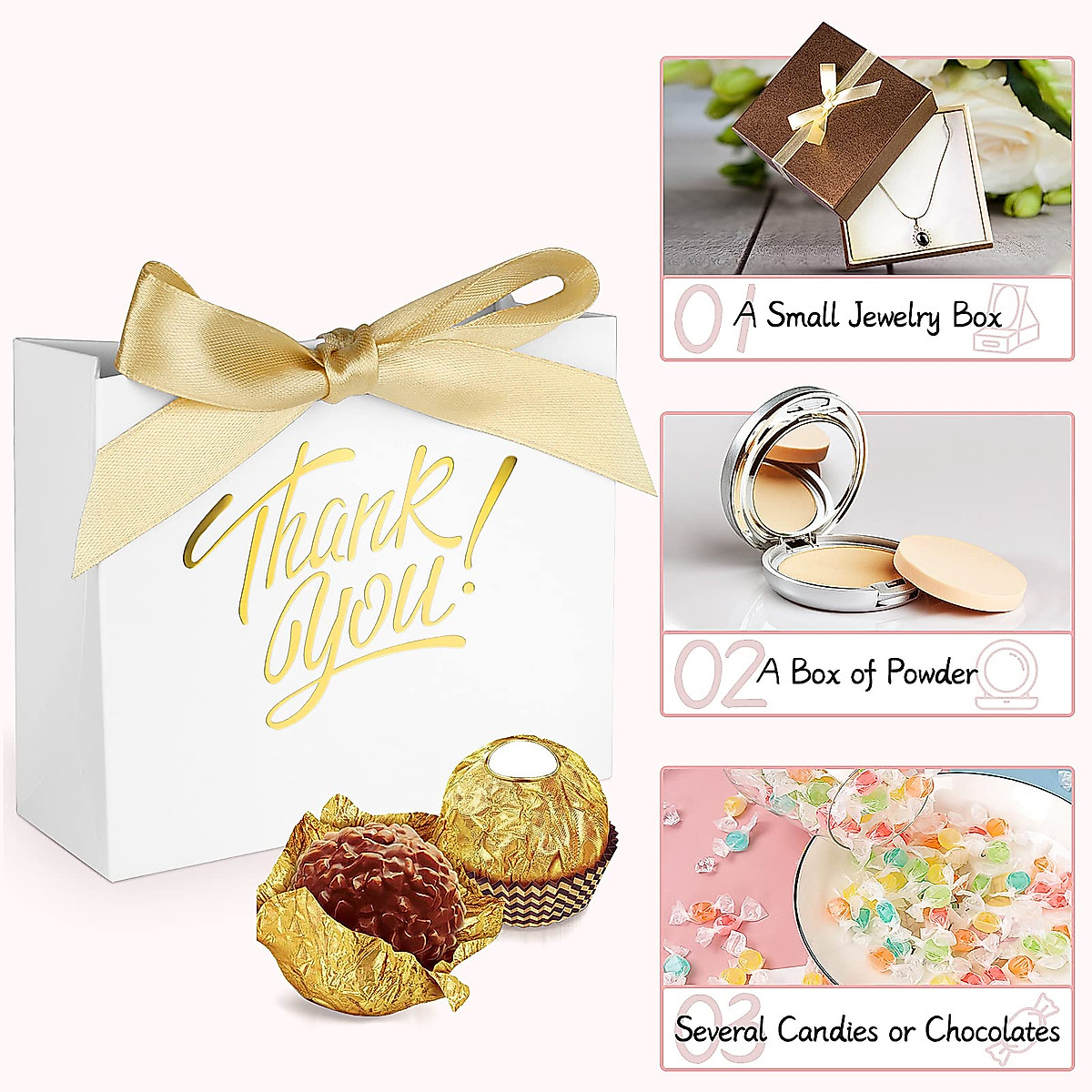 DOYIDE 60 Pack Small Thank You Gift Bags, 4.5x1.8x3.9in Party Favor Bags Boxes with Bow Ribbon, Small Paper Gift Bags with Gold Foil Printed, Mini Candy Treat Bags for Birthday Wedding Party Holiday