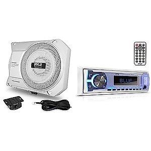 PyleUsa 10-Inch Low-Profile Amplified Subwoofer System & Marine Bluetooth Stereo Radio - 12v Single DIN Style Boat in Dash Radio Receiver System (White)