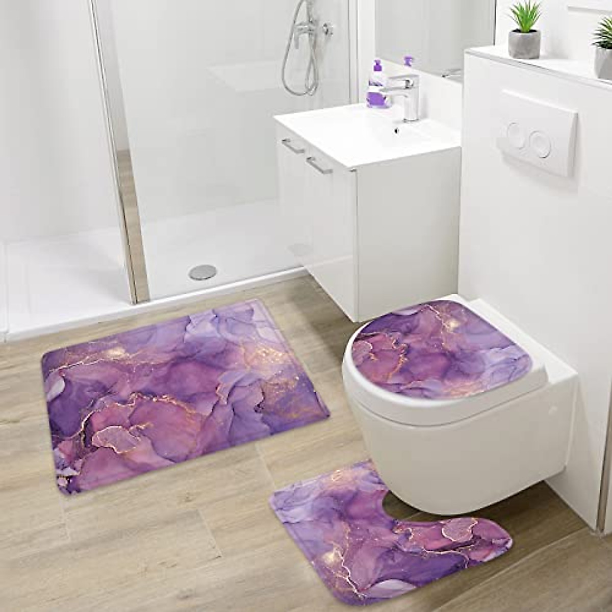 Gibelle 4 Pcs Purple Marble Shower Curtain Set with Non-Slip Rugs, Toilet Lid Cover and Bath Mat, Lavender Bathroom Decor Set with Shower Curtain and Rugs and Accessories