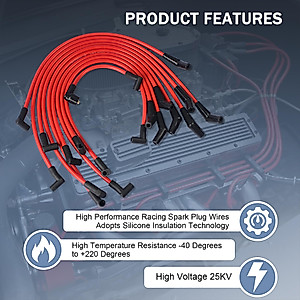 JDMSPEED New Red 10.5mm Racing Spark Plug Wires Set Replacement for Ford 5.0L 5.8L, SB SBF 302