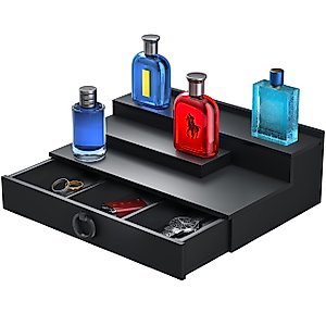 WINKINE Cologne Organizer for Men, Acrylic Display Stand Shelf, Perfume Organizer for Dresser, Cologne Stand with Hidden Compartment and Drawer, Cologne Holder Tray Shelf, Fragrance Organizer, Black