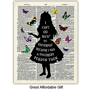 Alice Wonderland Wall Decor Quote Set - 8x10 Dictionary Art Photo Prints - Kids or Girls Bedroom Decor, Room Decorations - Wonderful Gift - Unframed Poster with Butterflies