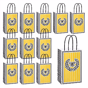 HOME & HOOPLA Queen Bee Yellow and Black Honeycomb Paper Gift Bags and Party Favor Bags, 5.25"x3.5"x8.25" (12 Pack)